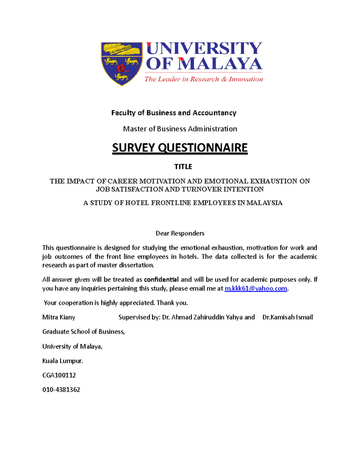 Questionner - notes - Faculty of Business and Accountancy Master of ...