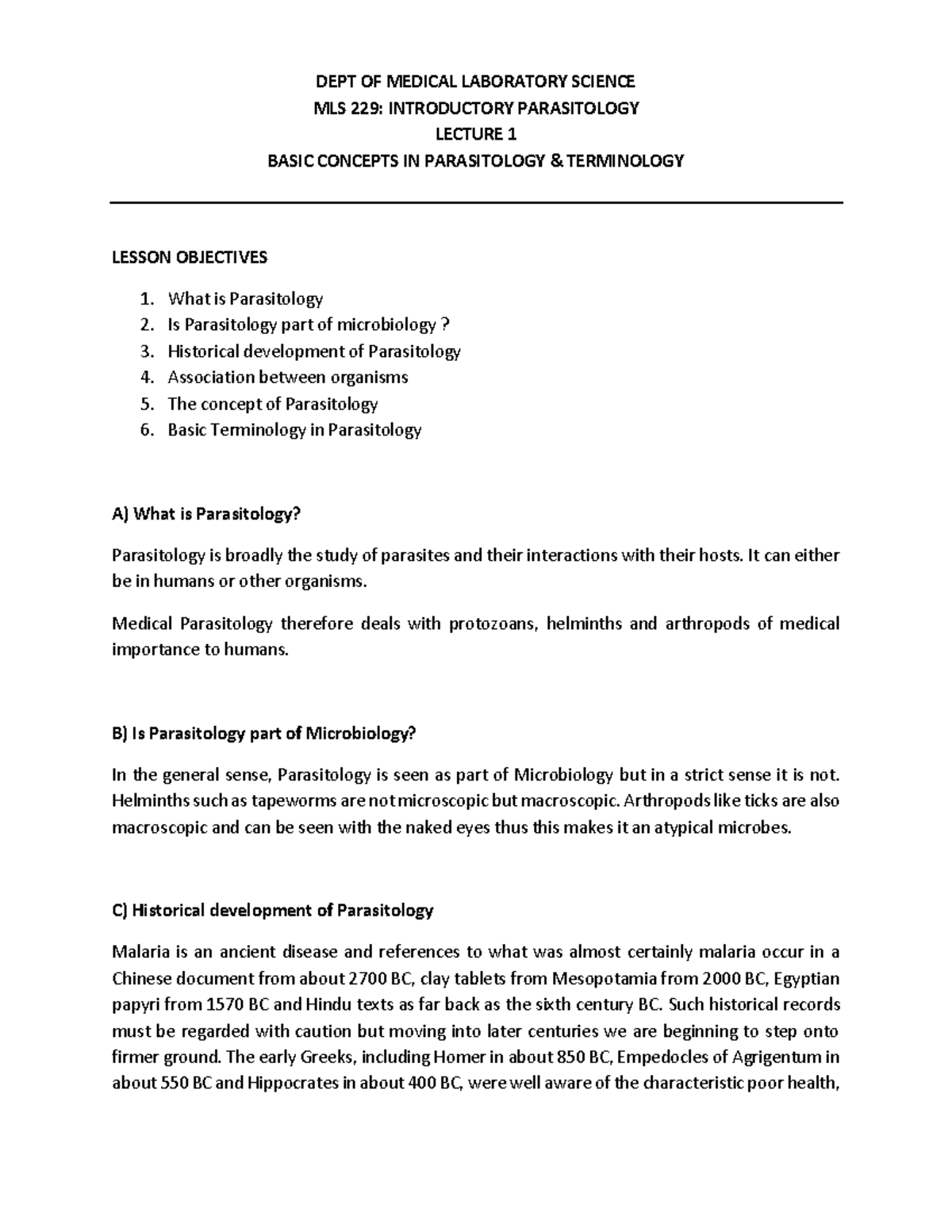 Parasitology - Lecture 1 (Intro to Parasitology) - DEPT OF MEDICAL ...