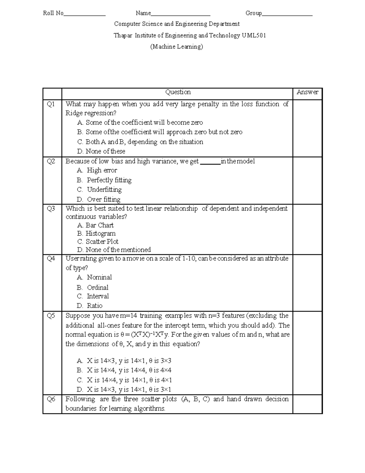 Quiz 1 - ML Quiz - Roll No Name Group Computer Science and Engineering Department Thapar ...