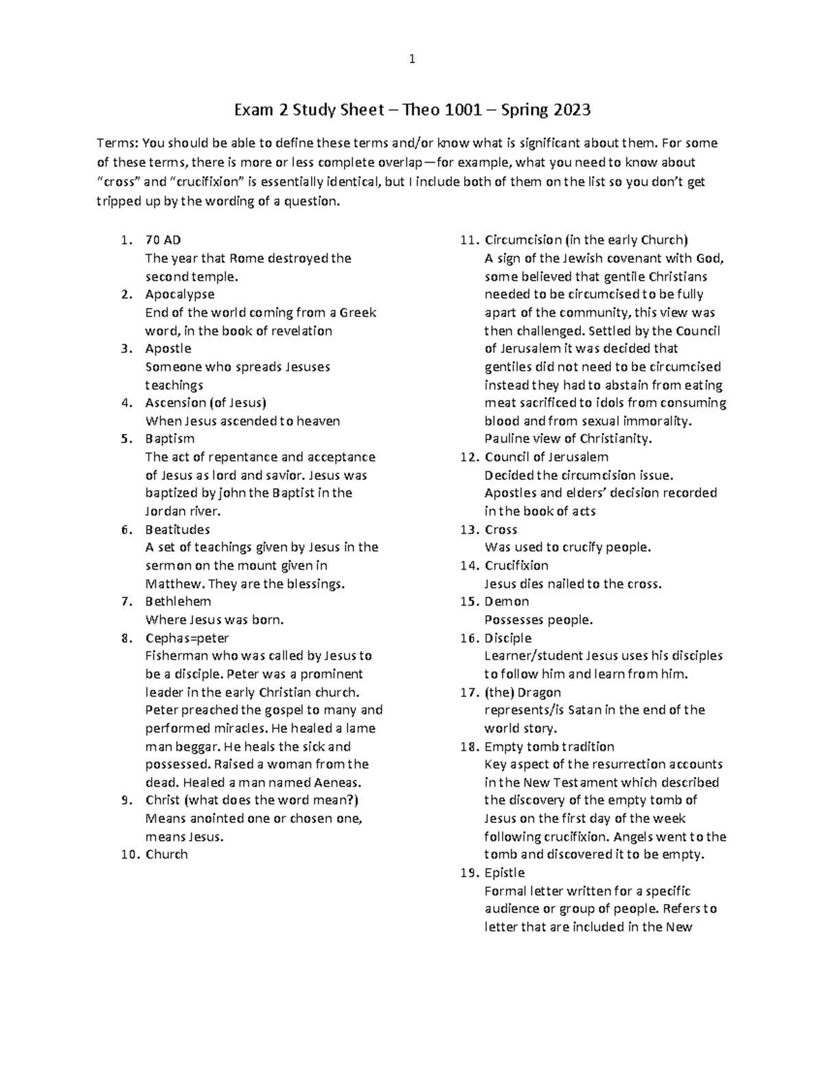 Study sheet - Exam 2 - s23 - Exam 2 Study Sheet – Theo 1001 – Spring 2023 Terms: You should be ...