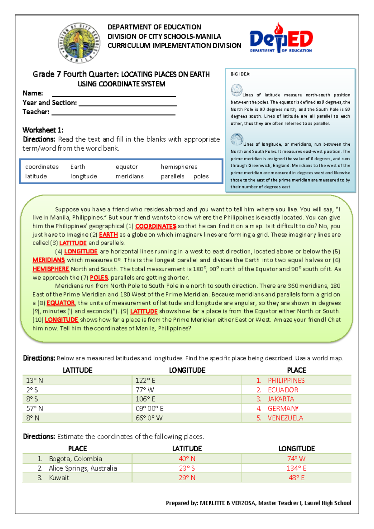 Science 7 Q4 Worksheets Answer Key - Prepared by: MERLITTE B VERZOSA ...