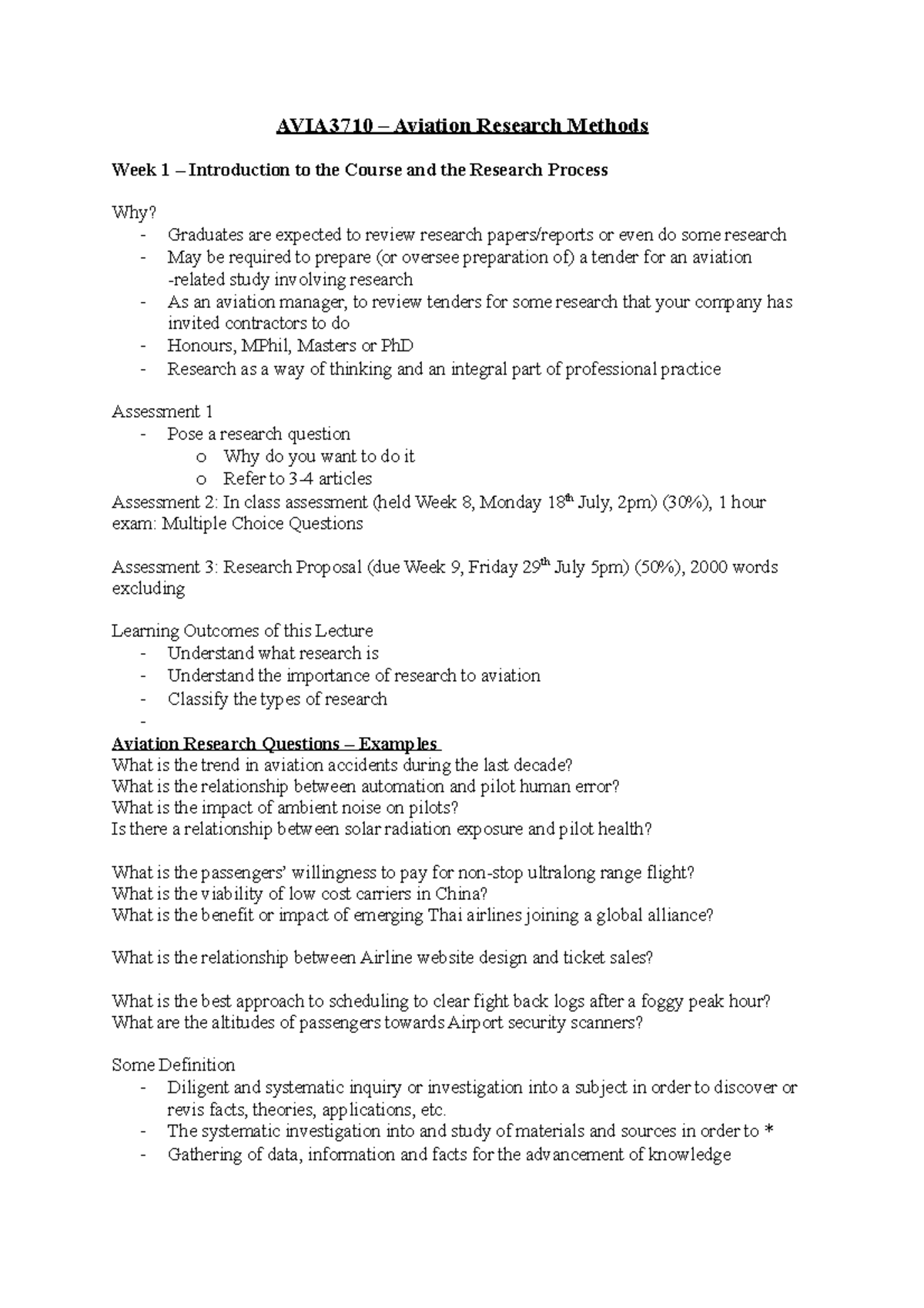 AVIA3710 - Lecture Notes - AVIA3710 – Aviation Research Methods Week 1 ...