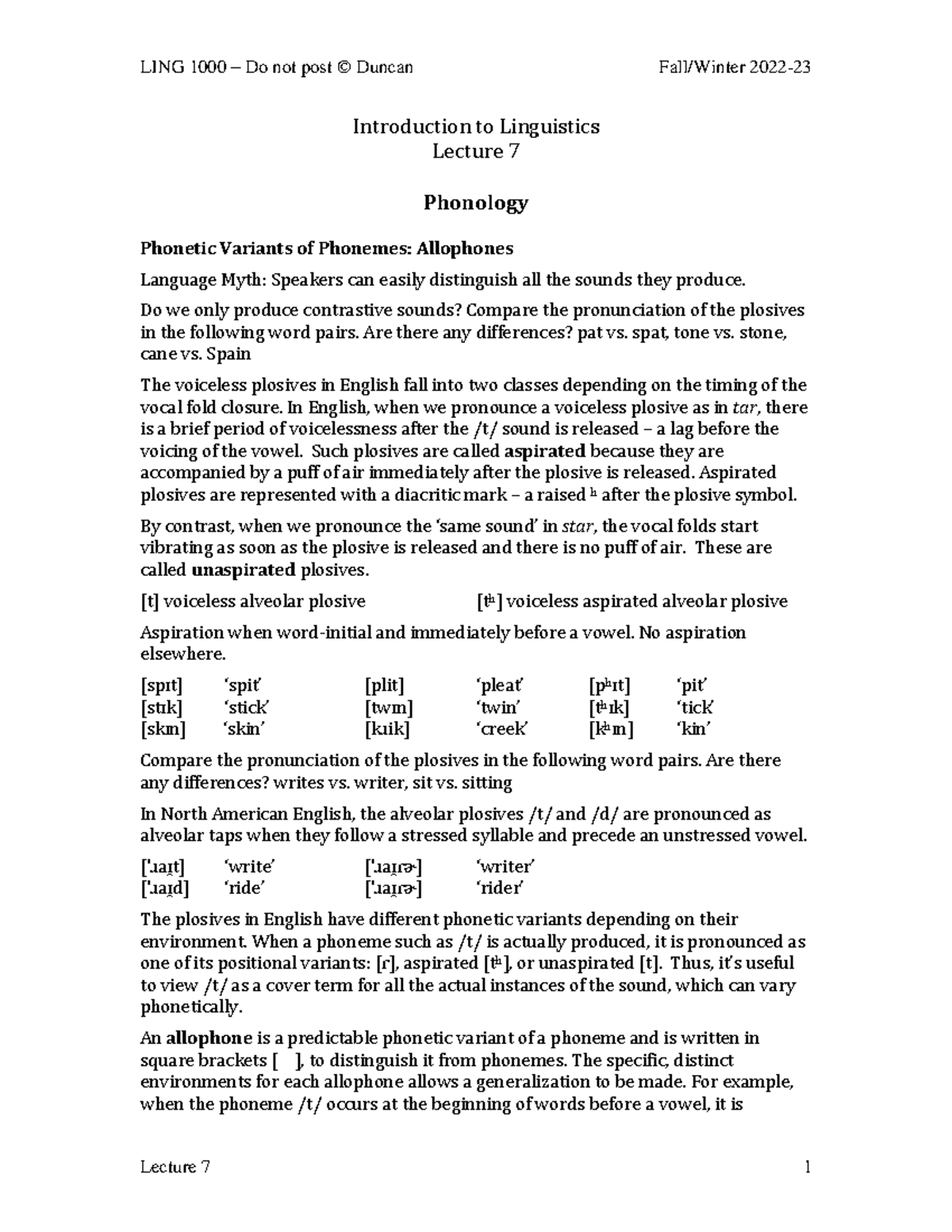 Ling 1000 Lecture 7 Handout Introduction To Linguistics Lecture 7