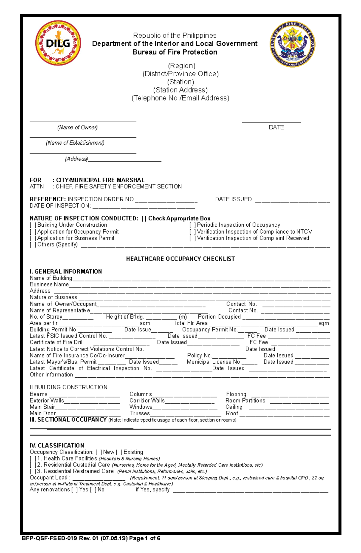 FSED 019 Checklist Health Care Occupancy REV 1 - Department of the ...