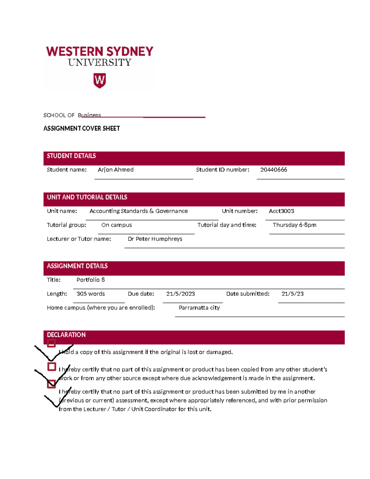 acct standards and governance portfolio - SCHOOL OF Business ASSIGNMENT ...