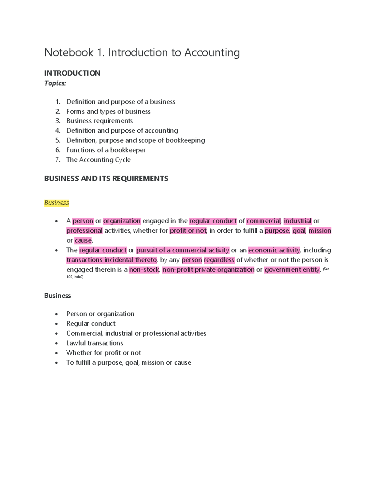 Notebook 1 - Introduction to Accounting - Notebook 1. Introduction to ...