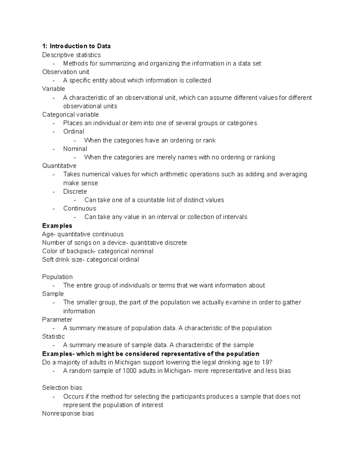 Stats study guide- Exam 1 - 1: Introduction to Data Descriptive ...