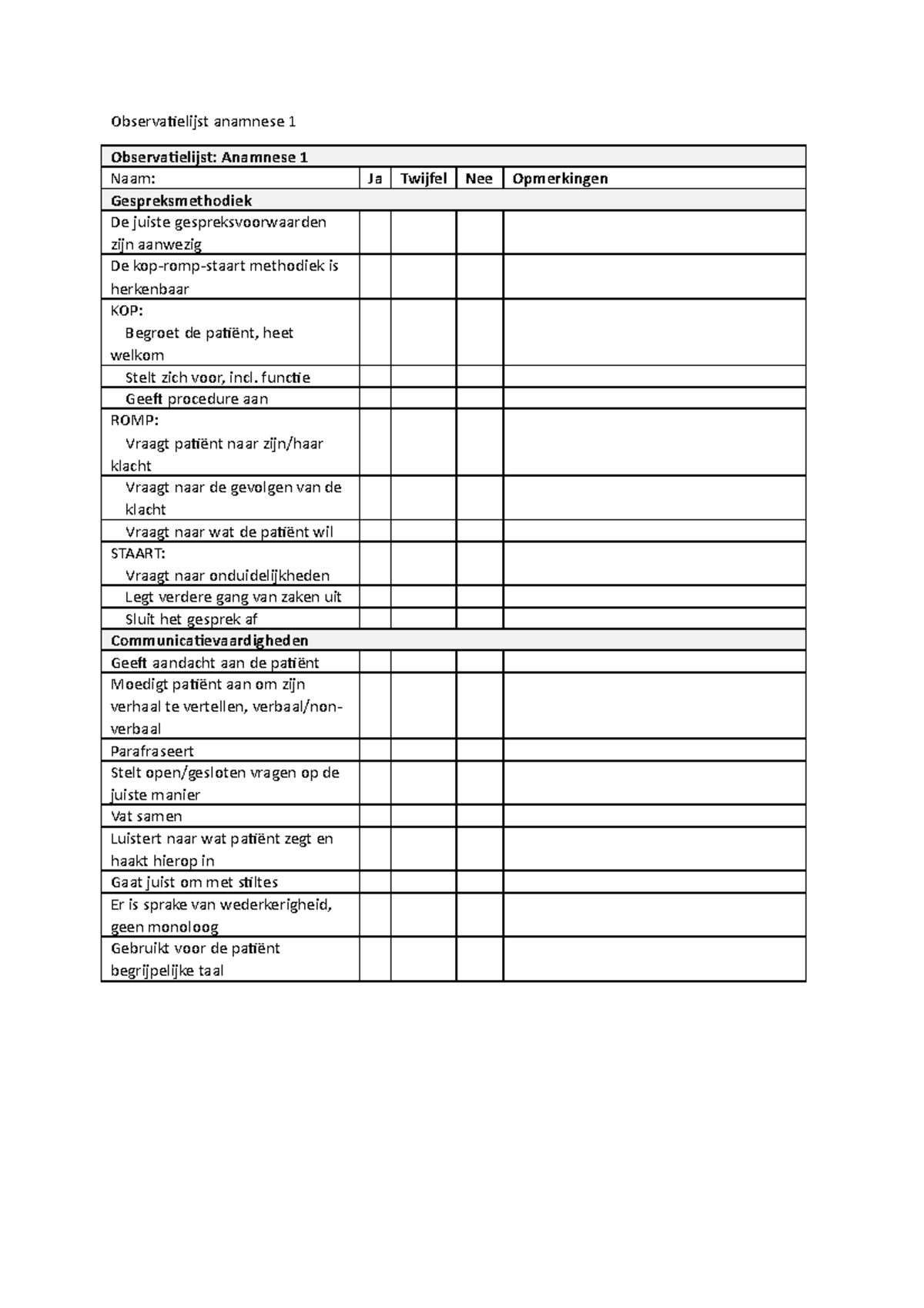 Observatielijst anamnese 1 4 - functie Geeft procedure aan ROMP: Vraagt ...
