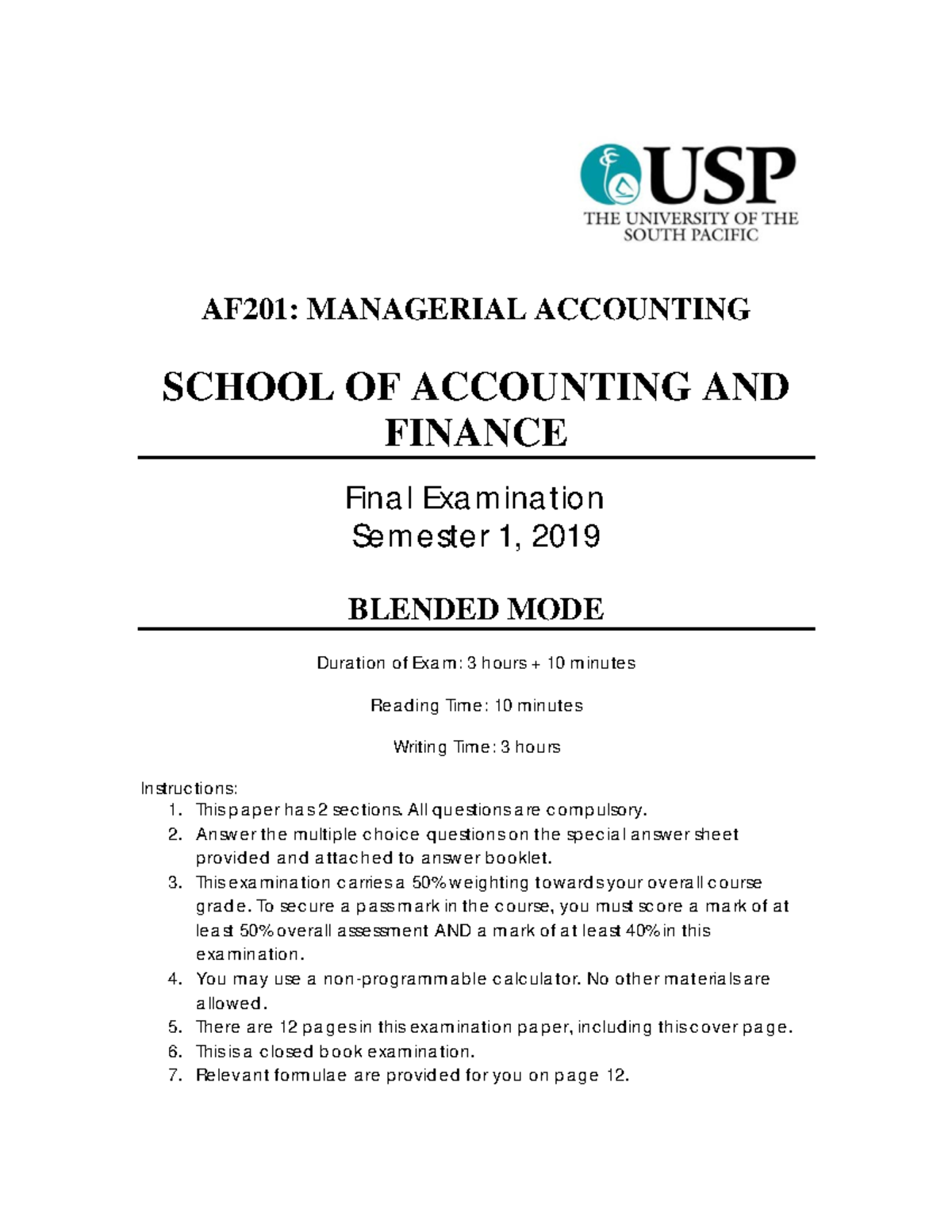 AF201 Exam question paper - AF201: MANAGERIAL ACCOUNTING SCHOOL OF ...