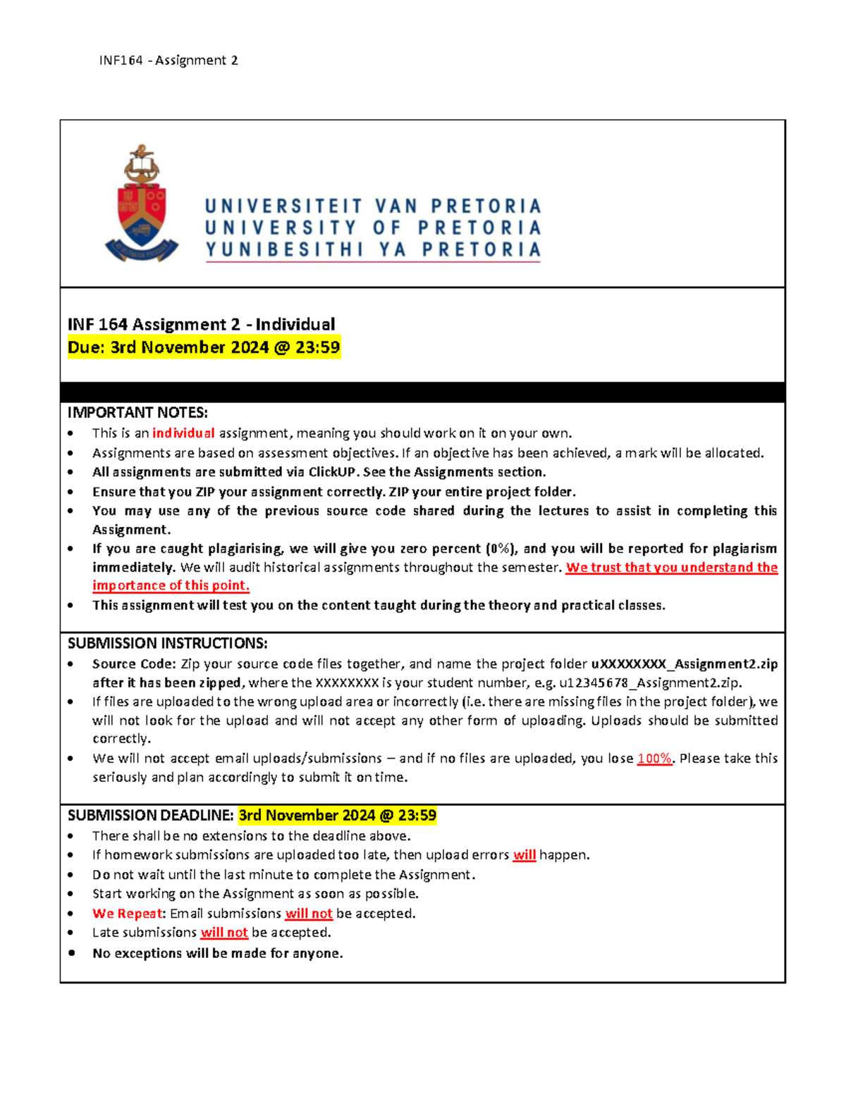 INF164-Assignment 2-2024 - INF 164 - UP - Studocu