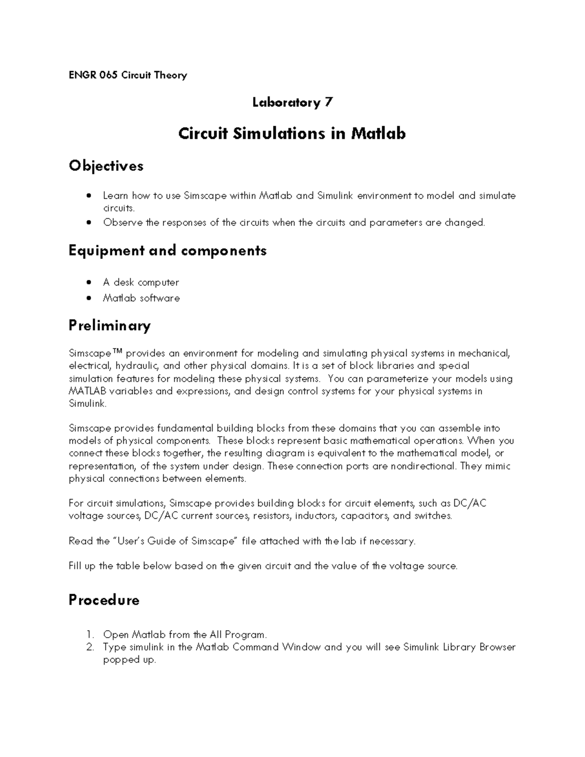 Lab 7 - Instructor: Dr. Huifang Dou - ENGR 065 Circuit Theory ...