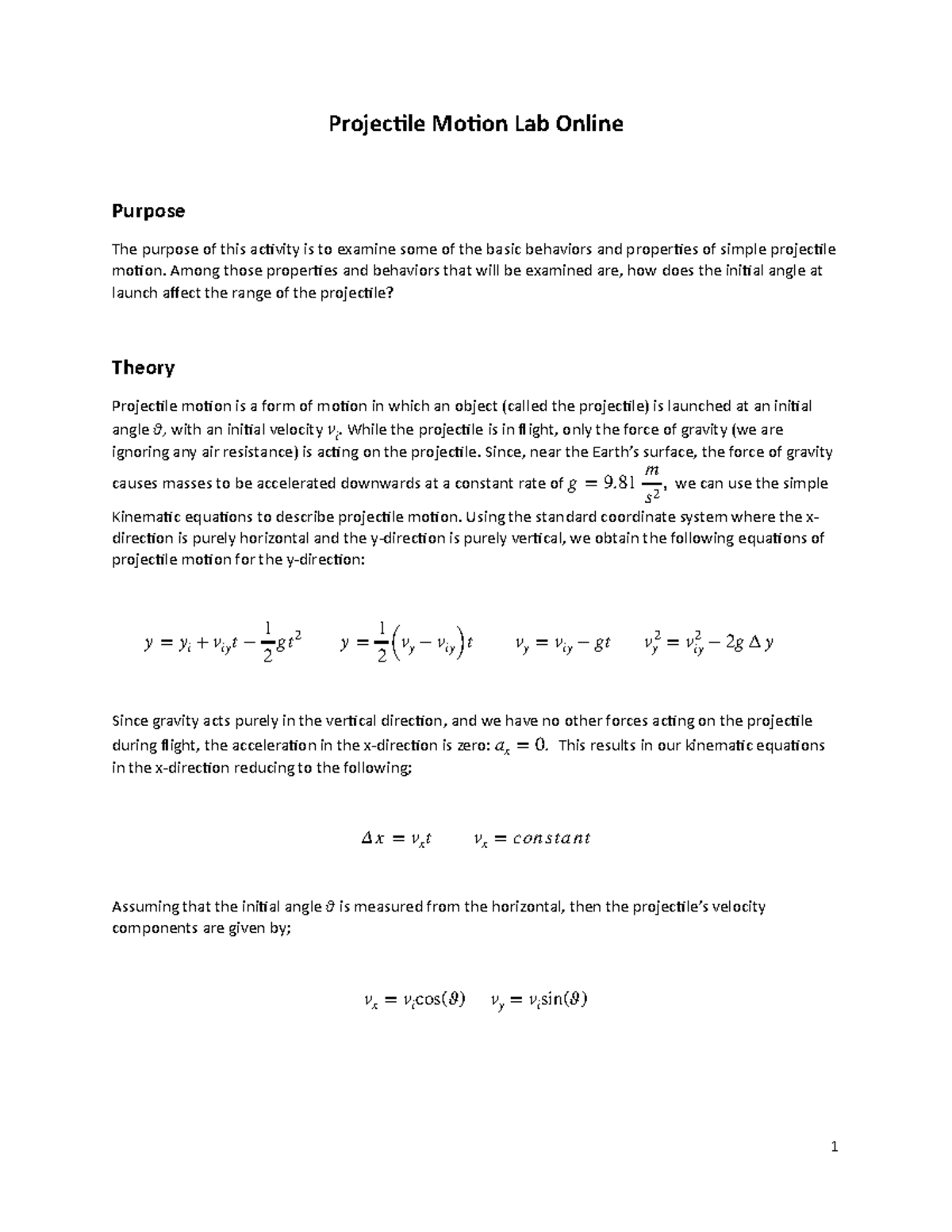Projectile Motion Lab Online - Projec'le Mo'on Lab Online Purpose The ...