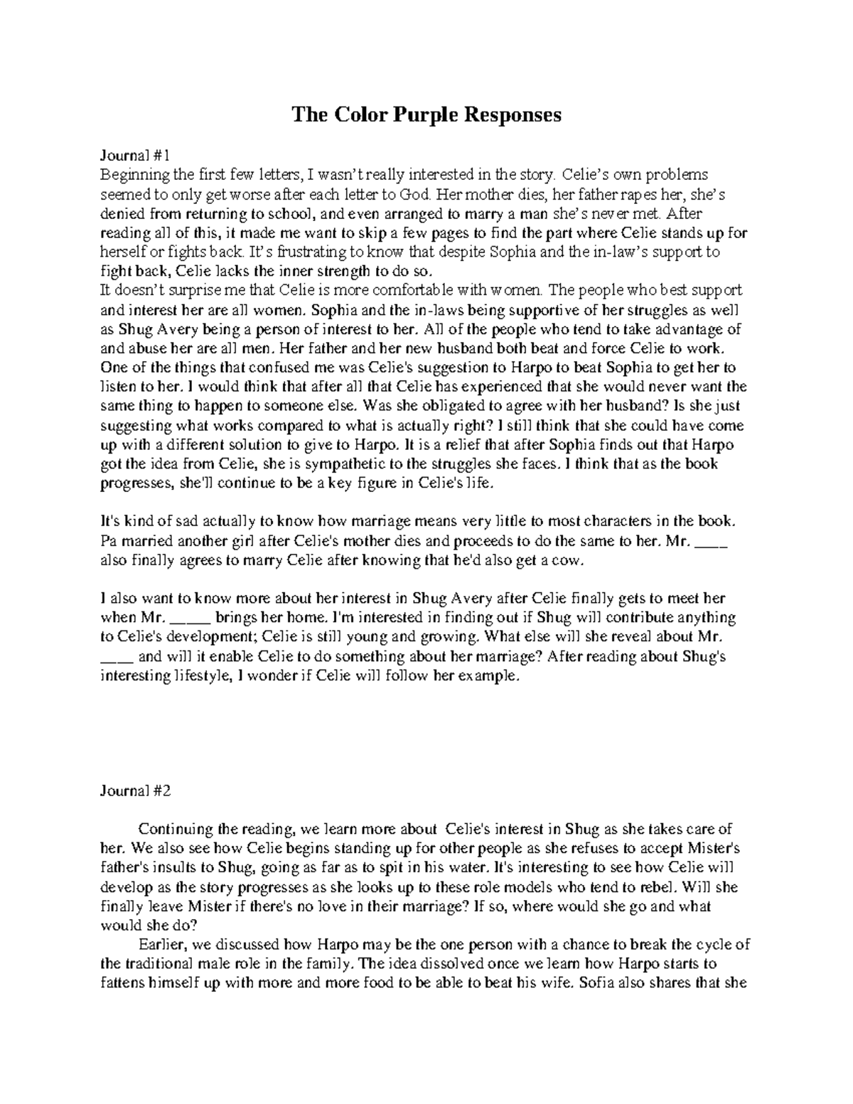 English reading english The Color Purple Journal Entries - The Color ...