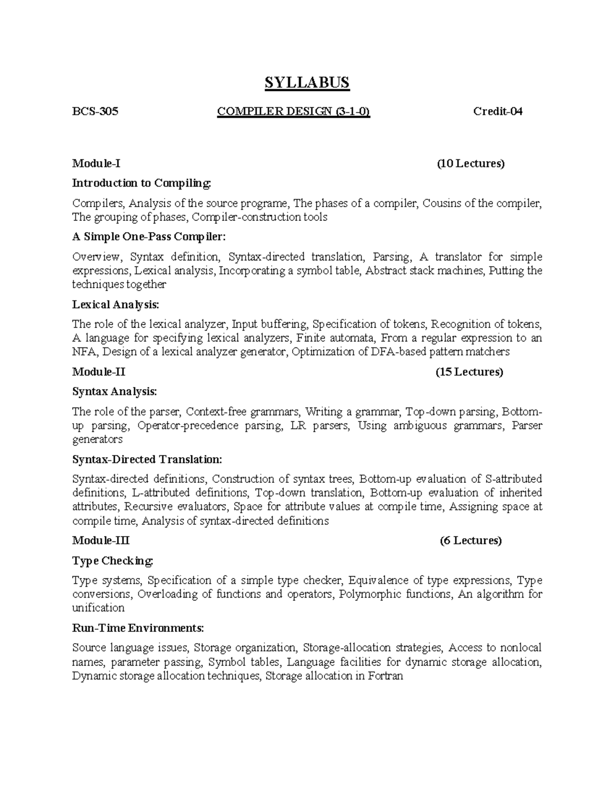 Compiler Design - BCS- SYLLABUS COMPILER DESIGN (3-1-0) Credit- Module-I (10 Lectures ...