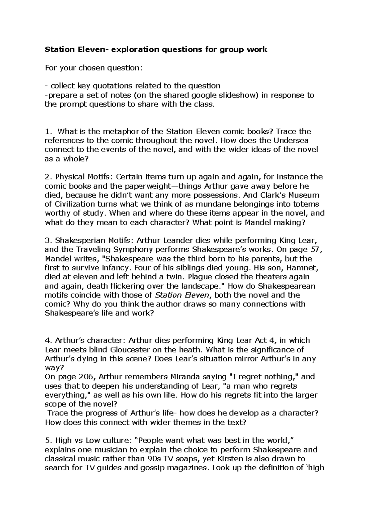 Station Eleven by Emily St John Mandel exploration questions - Station ...