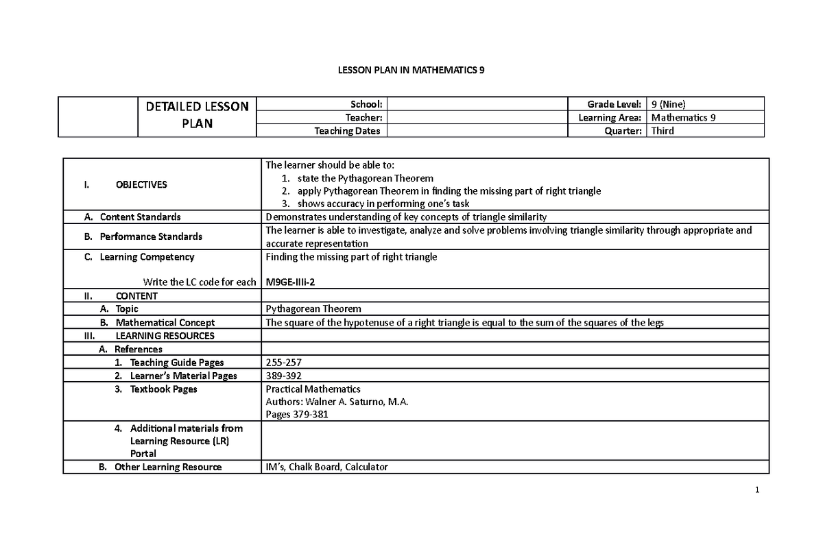 MATH LP - N/A - LESSON PLAN IN MATHEMATICS 9 DETAILED LESSON PLAN ...