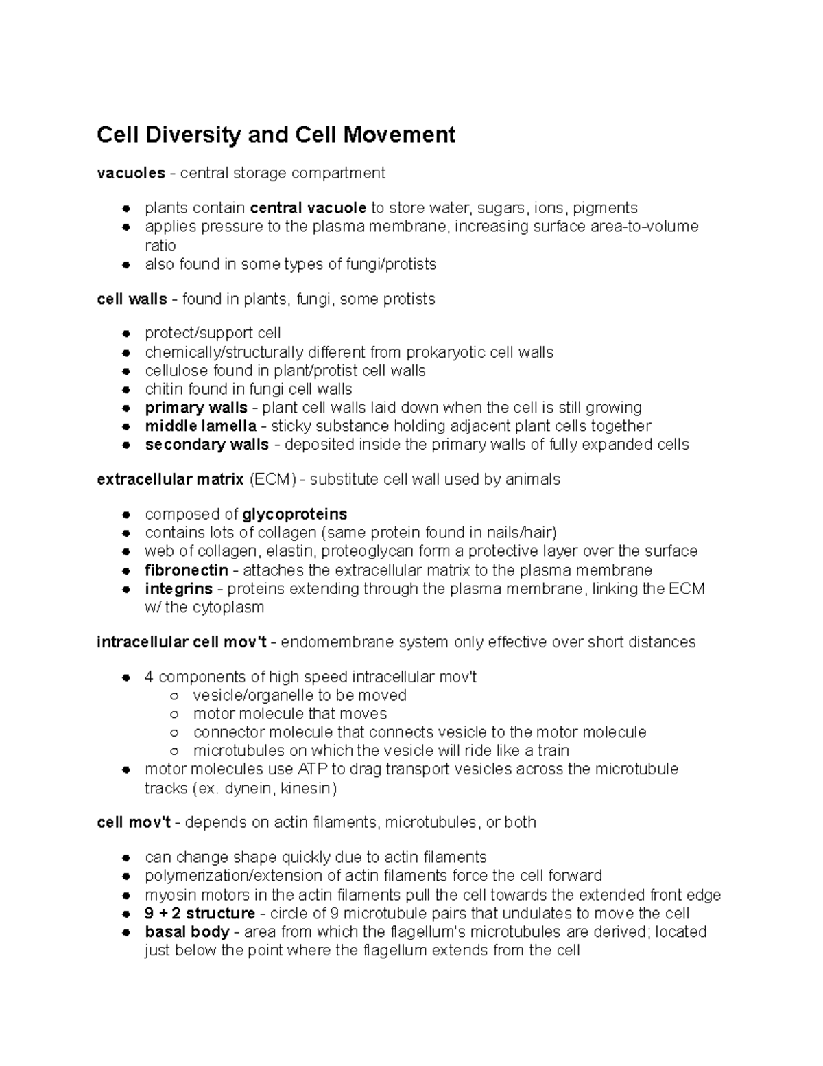 Biology notes 05 - Cell Diversity and Cell Movement vacuoles - central ...