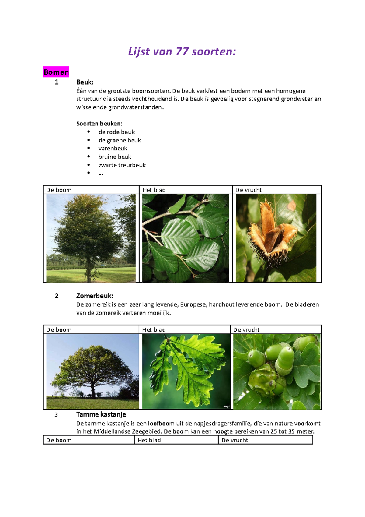 Kopie van Lijst-van-77-soorten - Lijst van 77 soorten: Bomen 1 Beuk: Één van de grootste - Studocu