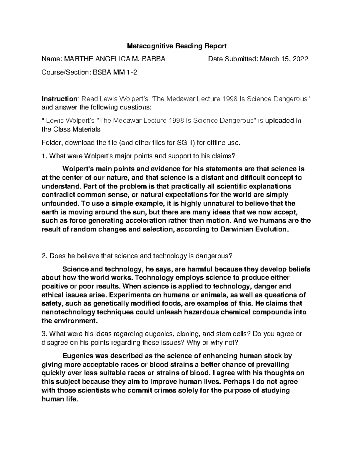 STS- SG2 Activity 2A - Metacognitive Reading Report Name: MARTHE ...