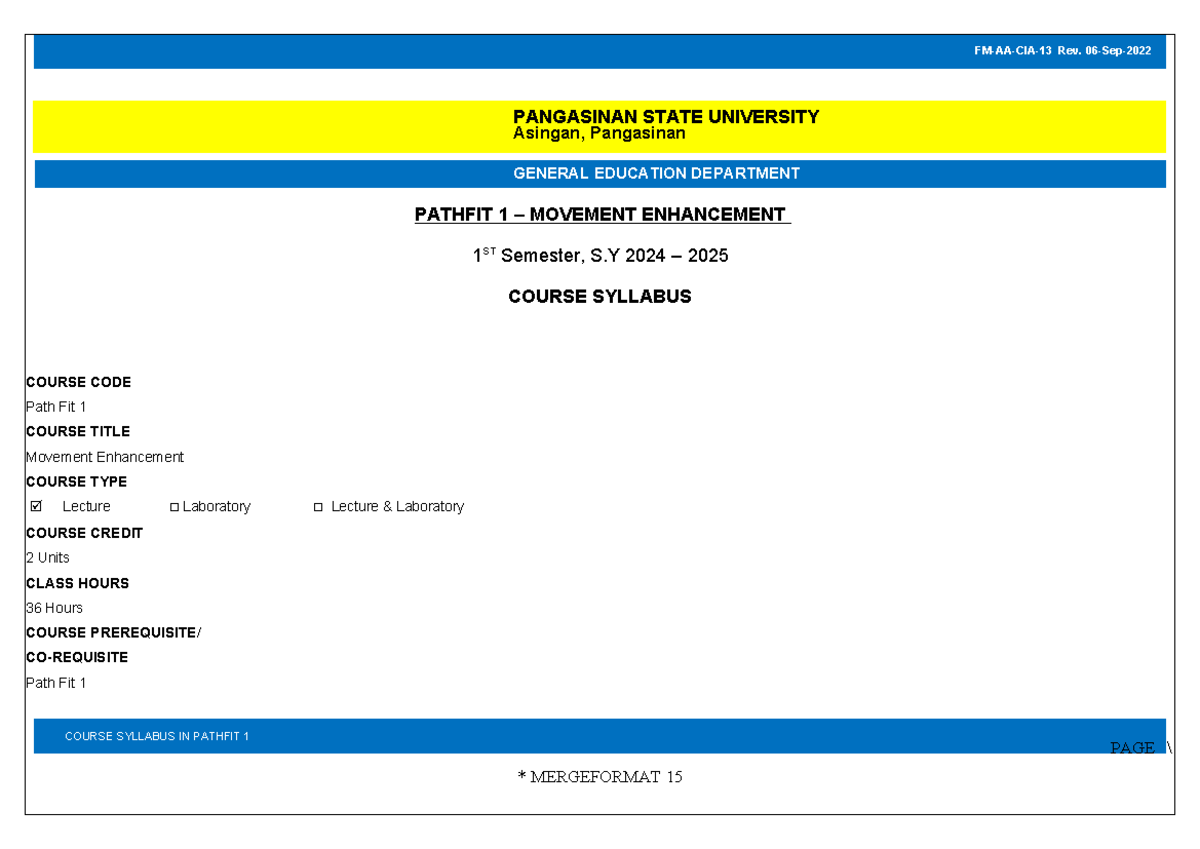 PAthfit 1 syllabus 1st sem 2024-2025 - COURSE SYLLABUS IN PATHFIT 1 ...