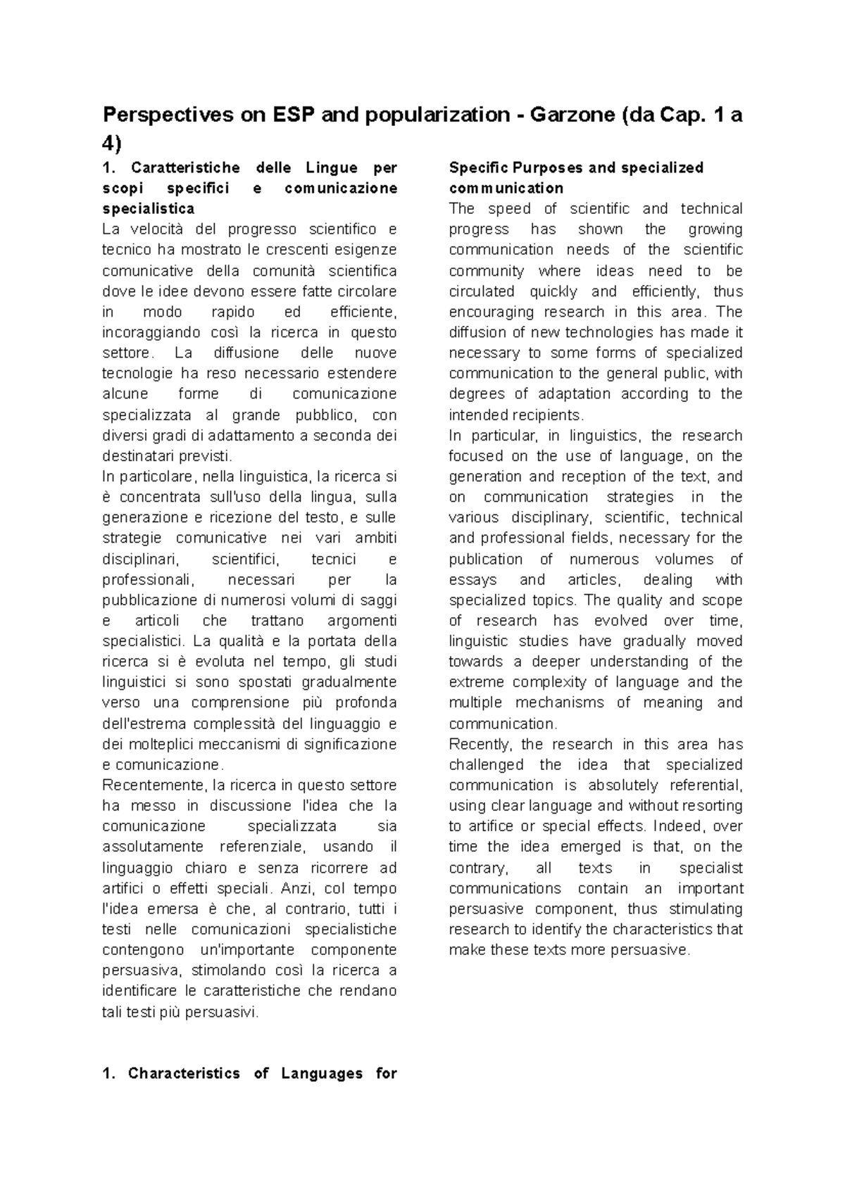 Riassunto Garzone - Capitoli 1-2-3-4 - Perspectives on ESP and ...