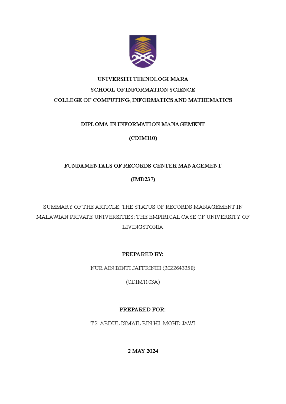 Individual Assignment Imd237 Universiti Teknologi Mara School Of Information Science College
