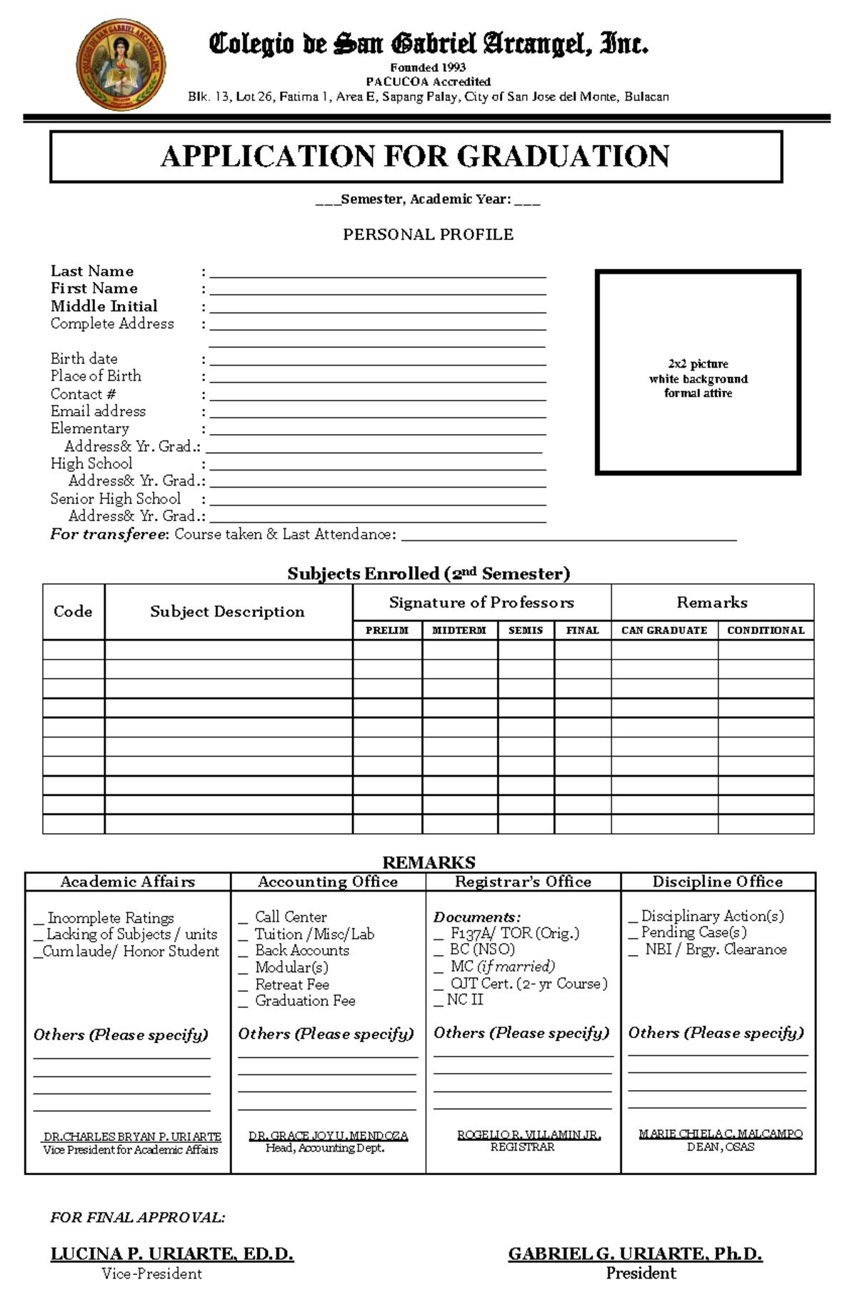 Application-for-graduation sample - Colegio de San Gabriel Arcangel ...