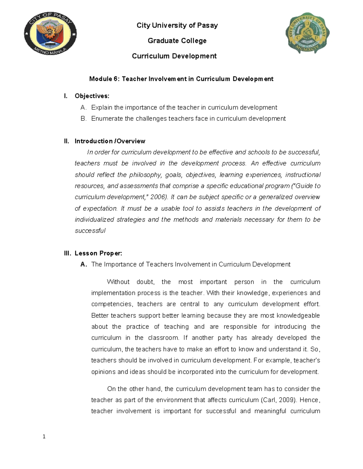 Module 6 Teacher Involvement in Curriculum Development - Objectives: A ...