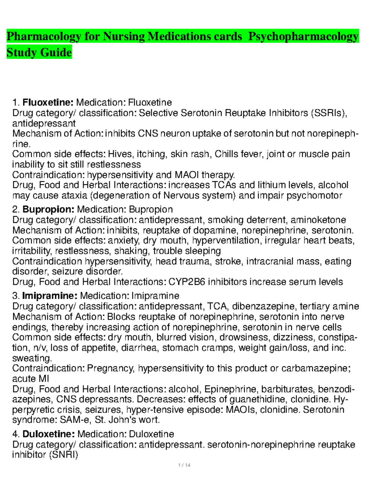 Pharmacology for Nursing Medications cards Psychopharmacology Study ...