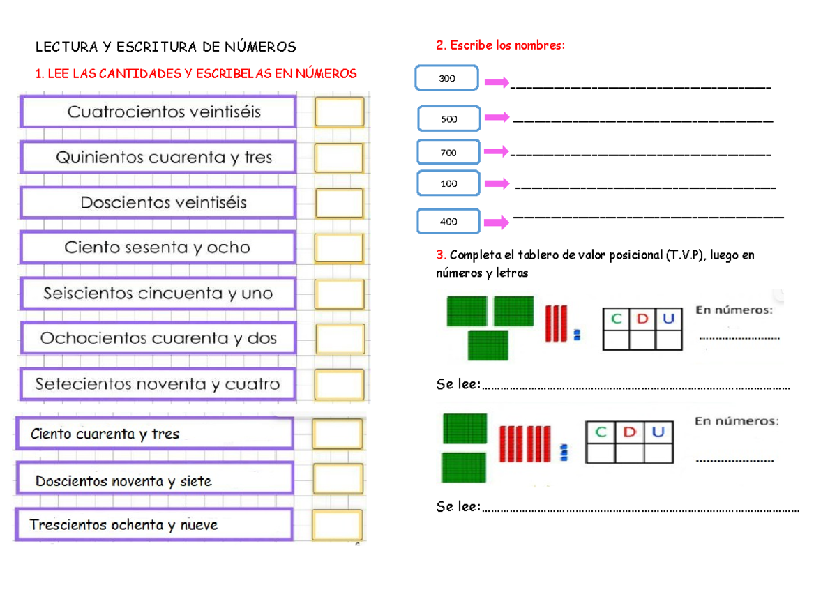 LECTURA Y ESCRITURA DE NÚMEROS - LEE LAS CANTIDADES Y ESCRIBELAS EN ...