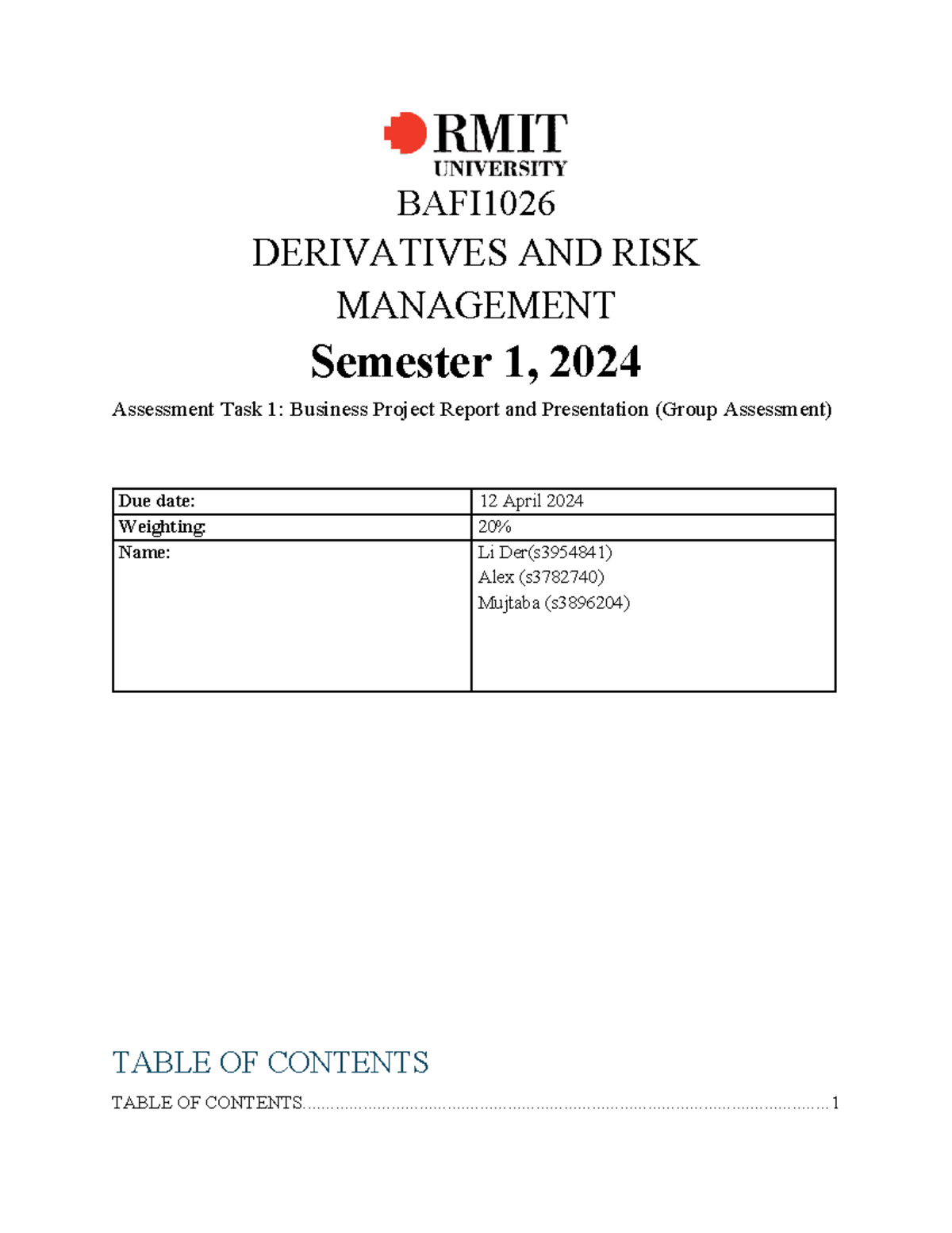 Final submission Assignment 1 (AIG) - BAFI DERIVATIVES AND RISK ...