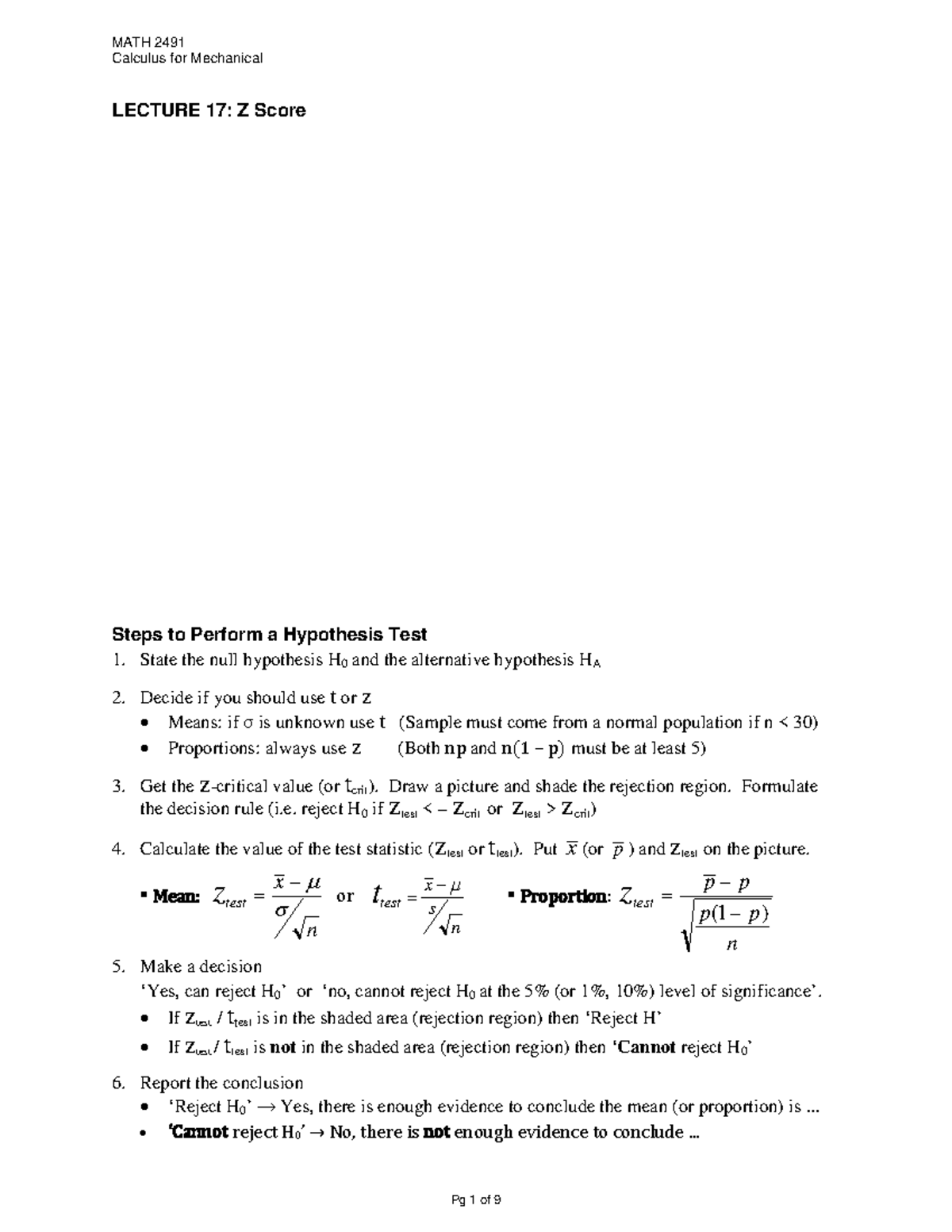 Lecture 17-2491 - Calculus for Mechanical Hypothesis Test Null ...