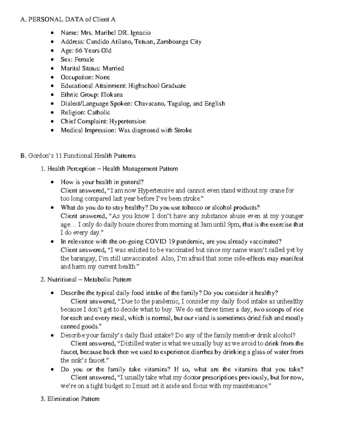 Gordons - A case analysis using Gordon’s 11 Functional Health Patterns ...