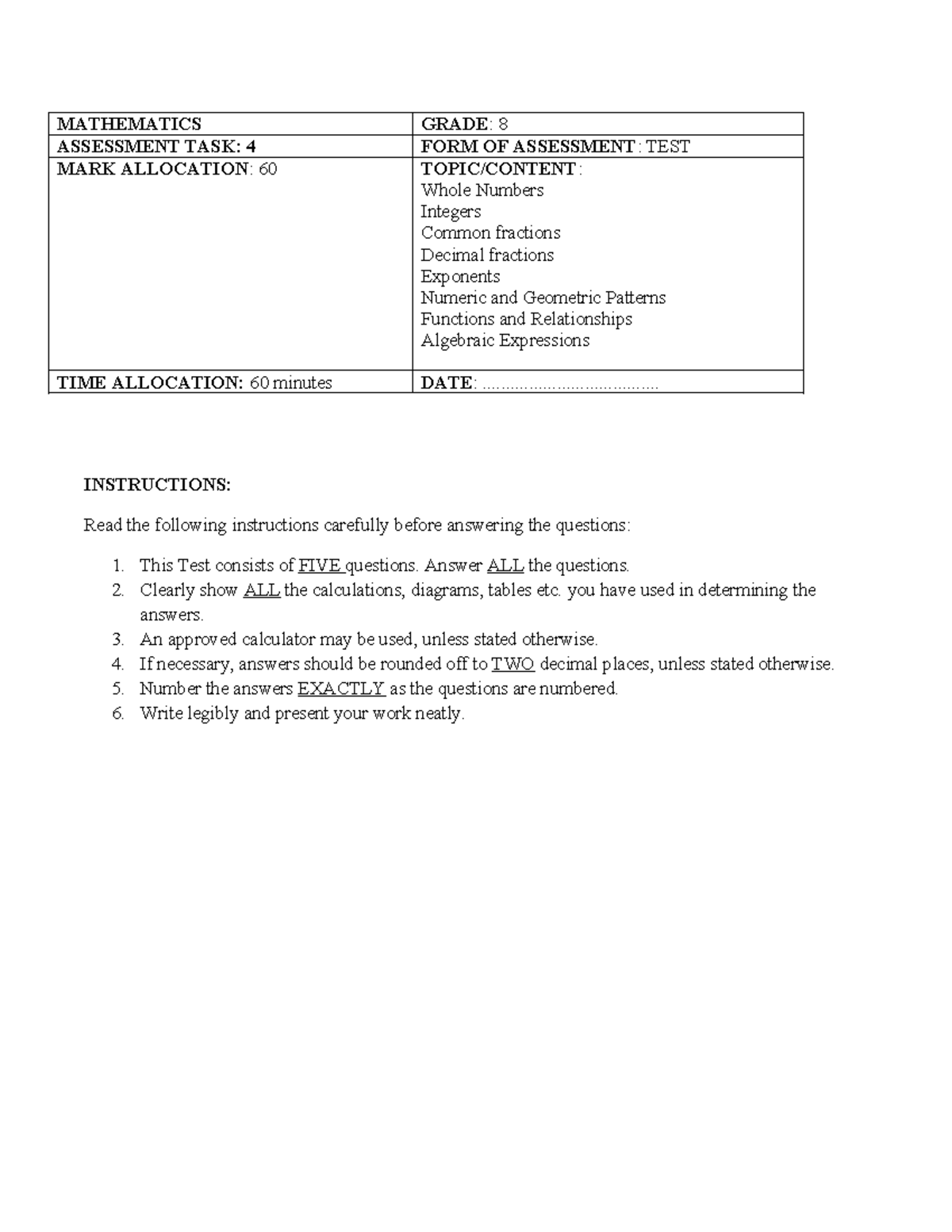 TERM2GR8 TEST Maths - Grade 08 Mathematics - MATHEMATICS GRADE: 8 ...