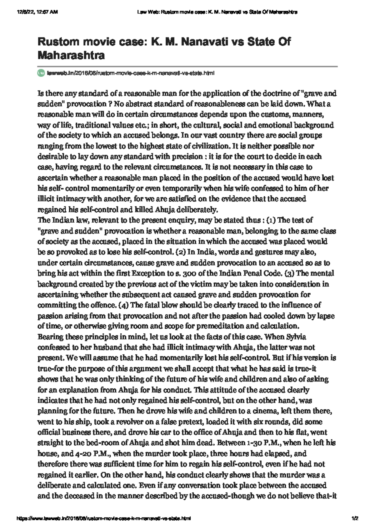 Grave and Sudden Provocation - Law Web Rustom movie case K. M. Nanavati ...