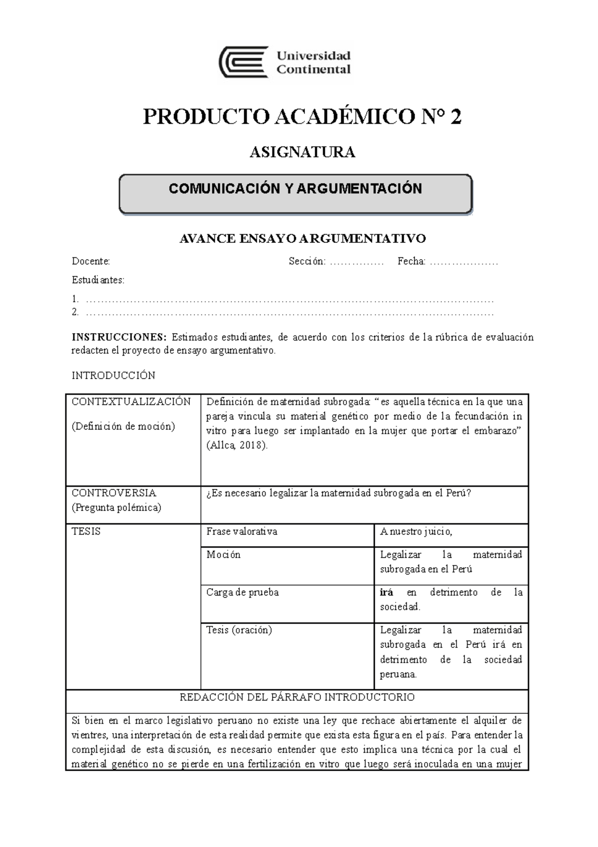 Ejemplo PA2-2 - MODELO PA2 - PRODUCTO ACADÉMICO N° 2 ASIGNATURA AVANCE ENSAYO ARGUMENTATIVO ...