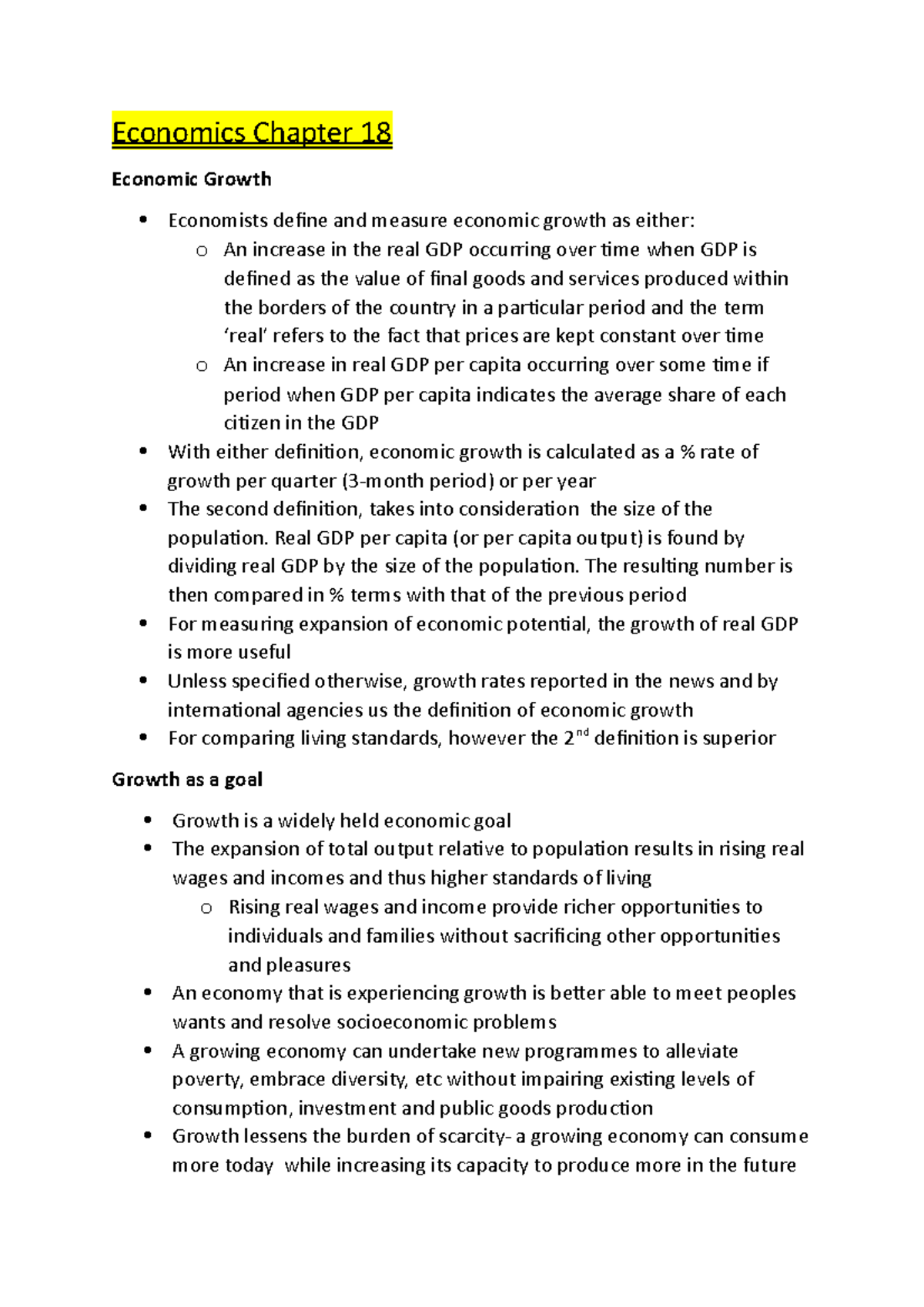 Economics Chapter 18 - Real GDP per capita (or per capita output) is ...