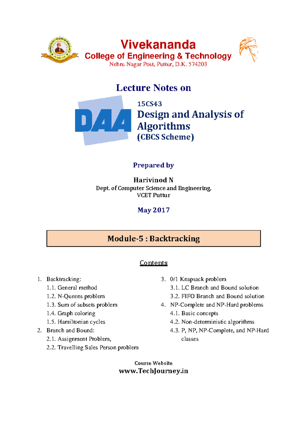 Daa module 5 notes - College N Dept. of C 1. Backtracking: 1. General ...
