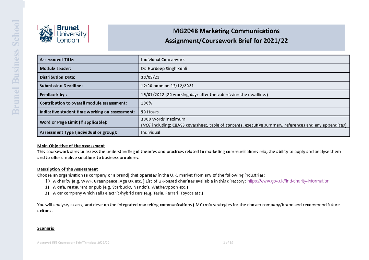 MG2048 Coursework Brief 2021.22 Consumer Behaviour - Assessment Title ...