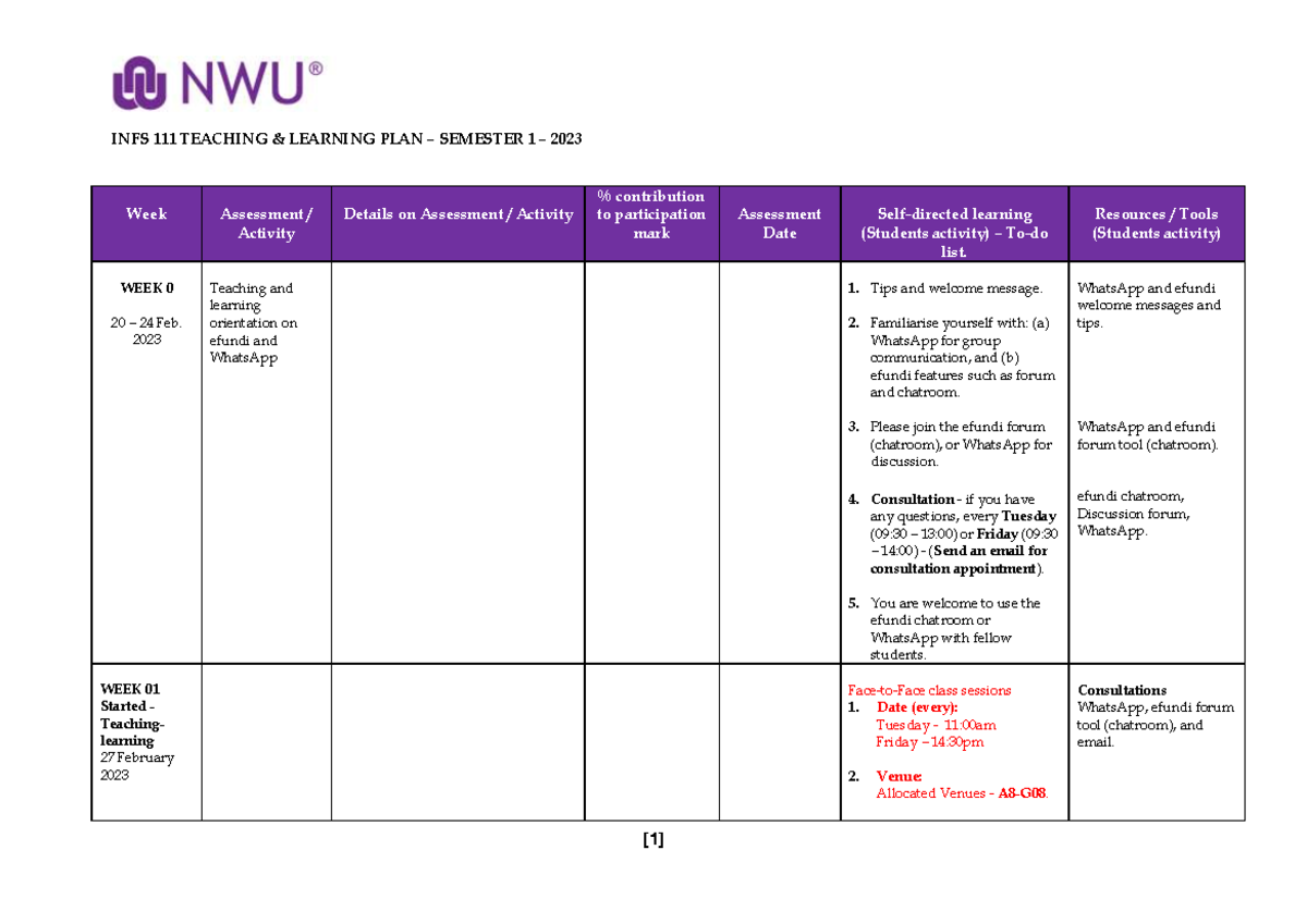 INFS 111 - F2F Teaching Plan - Important Dates - INFS 111 TEACHING ...