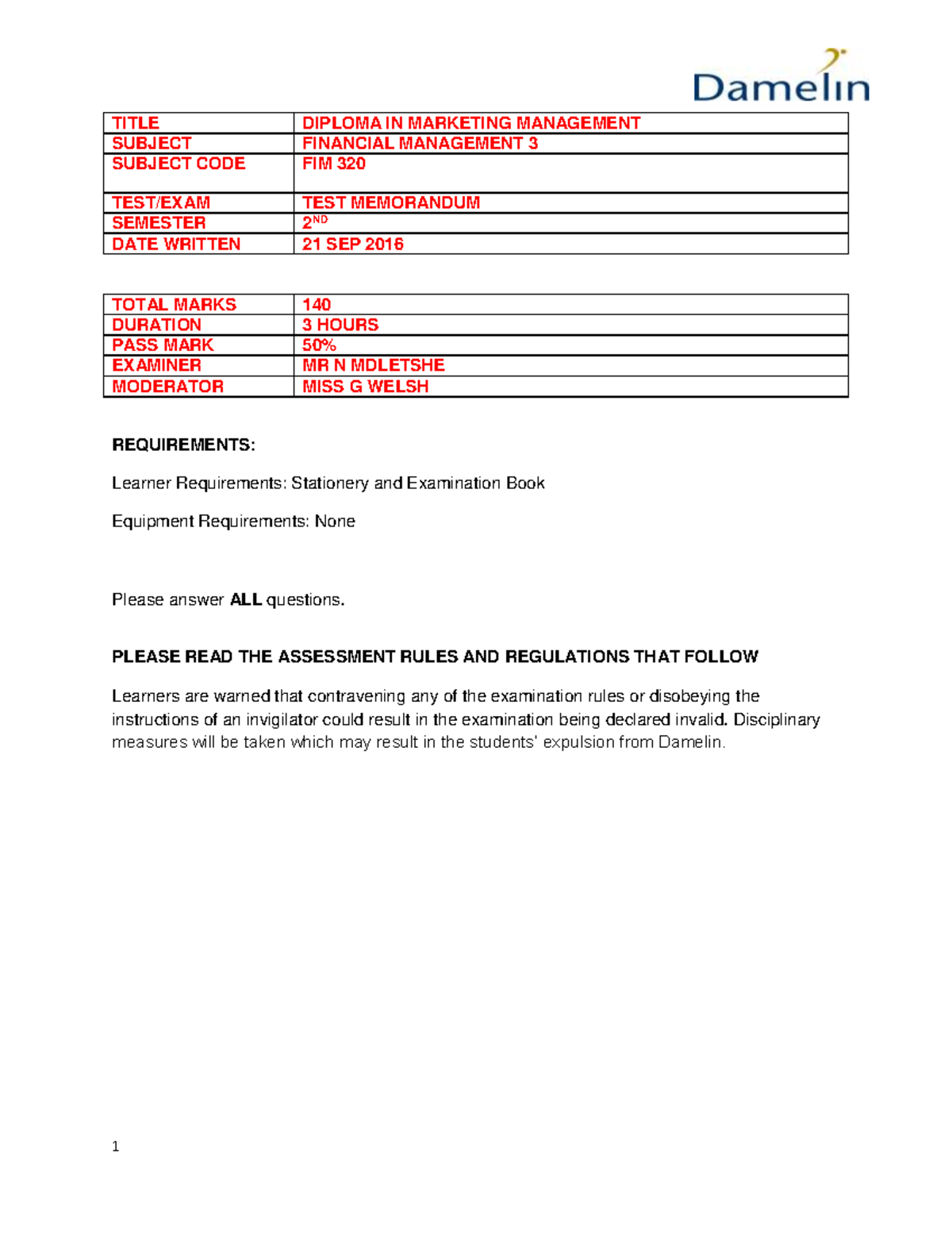 Financial Management Test Memo - TITLE DIPLOMA IN MARKETING MANAGEMENT ...