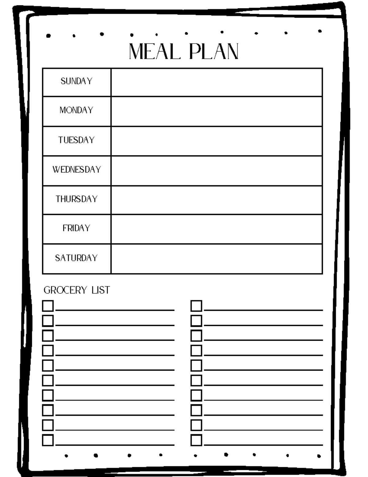 Weekly Meal Schedule - Sunday Monday tuesday wednesday thursday friday ...