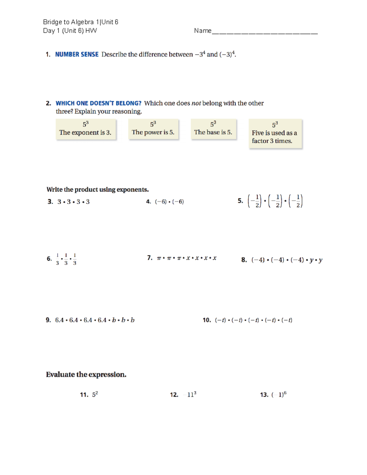 Day 1 (Unit 6) HW - MATH 137 - Bridge to Algebra 1|Unit 6 Day 1 (Unit 6 ...