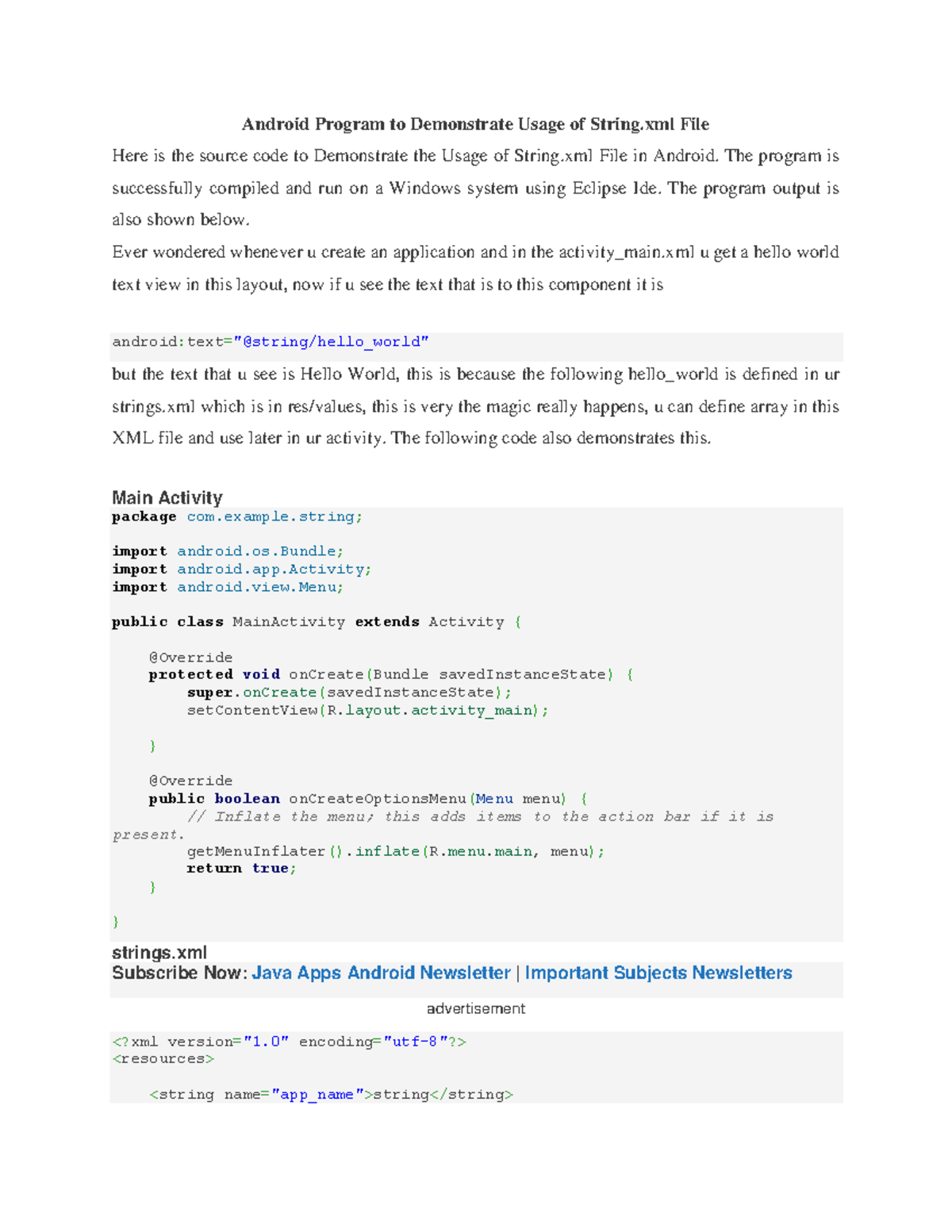 2. Android Program to Demonstrate Usage of String - The program is successfully compiled and run ...