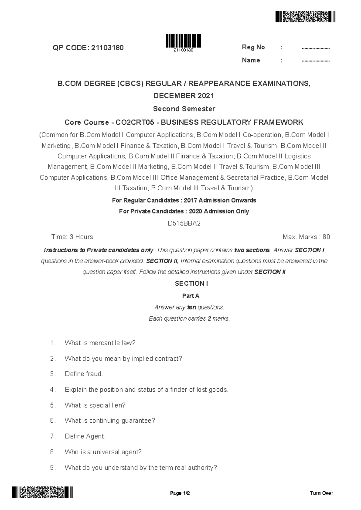 BRF -DEC 2021 - BRF Question Paper 2021 - QP CODE: 21103180 Reg No : ..................... Name ...