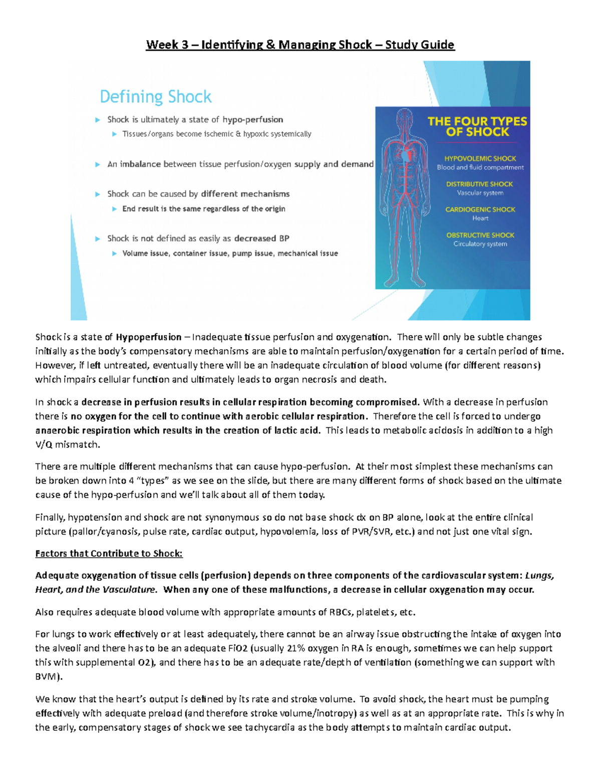 study guide SHOCK - Week 3 – Identifying & Managing Shock – Study Guide ...