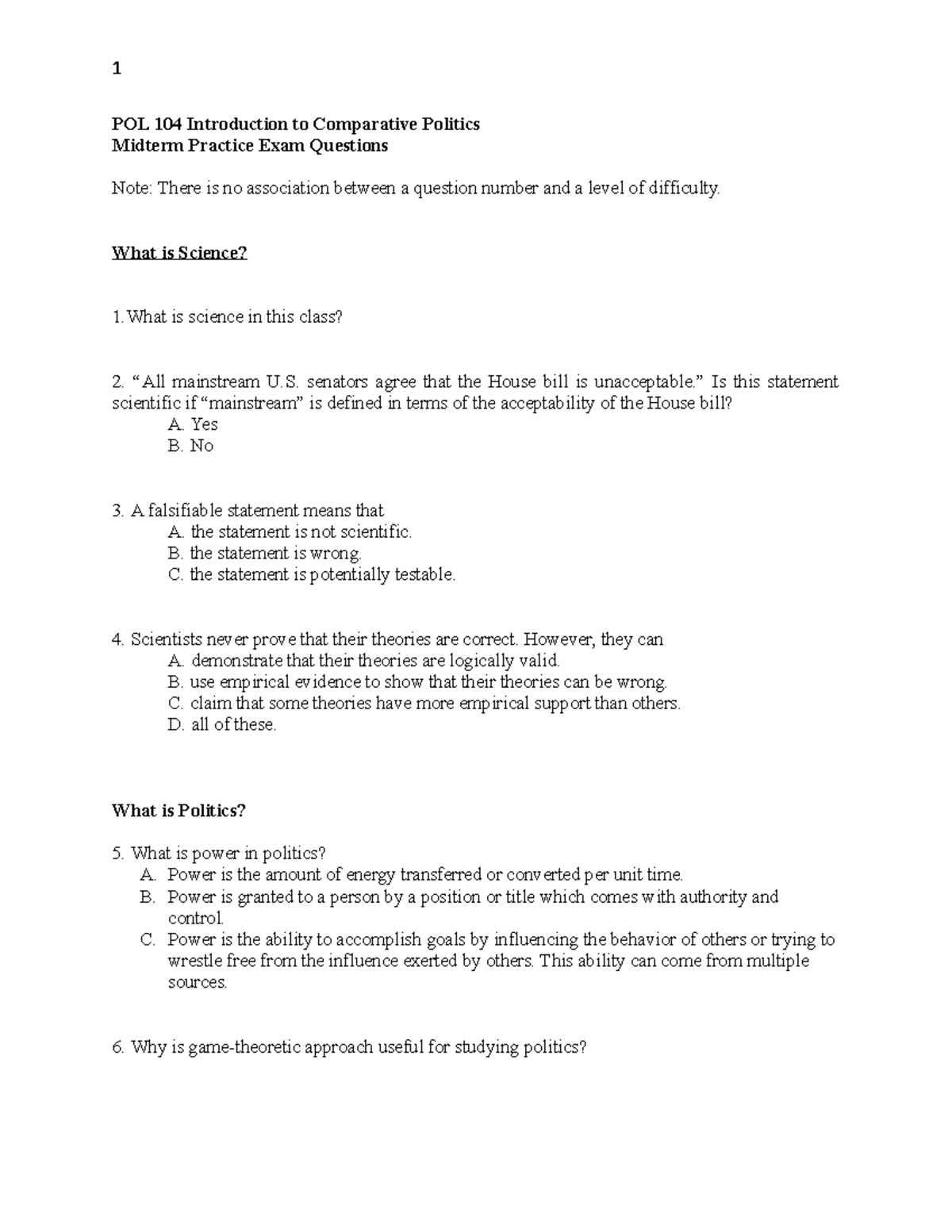 2022 Spring POL 104 Midterm Practice - POL 104 Introduction to ...