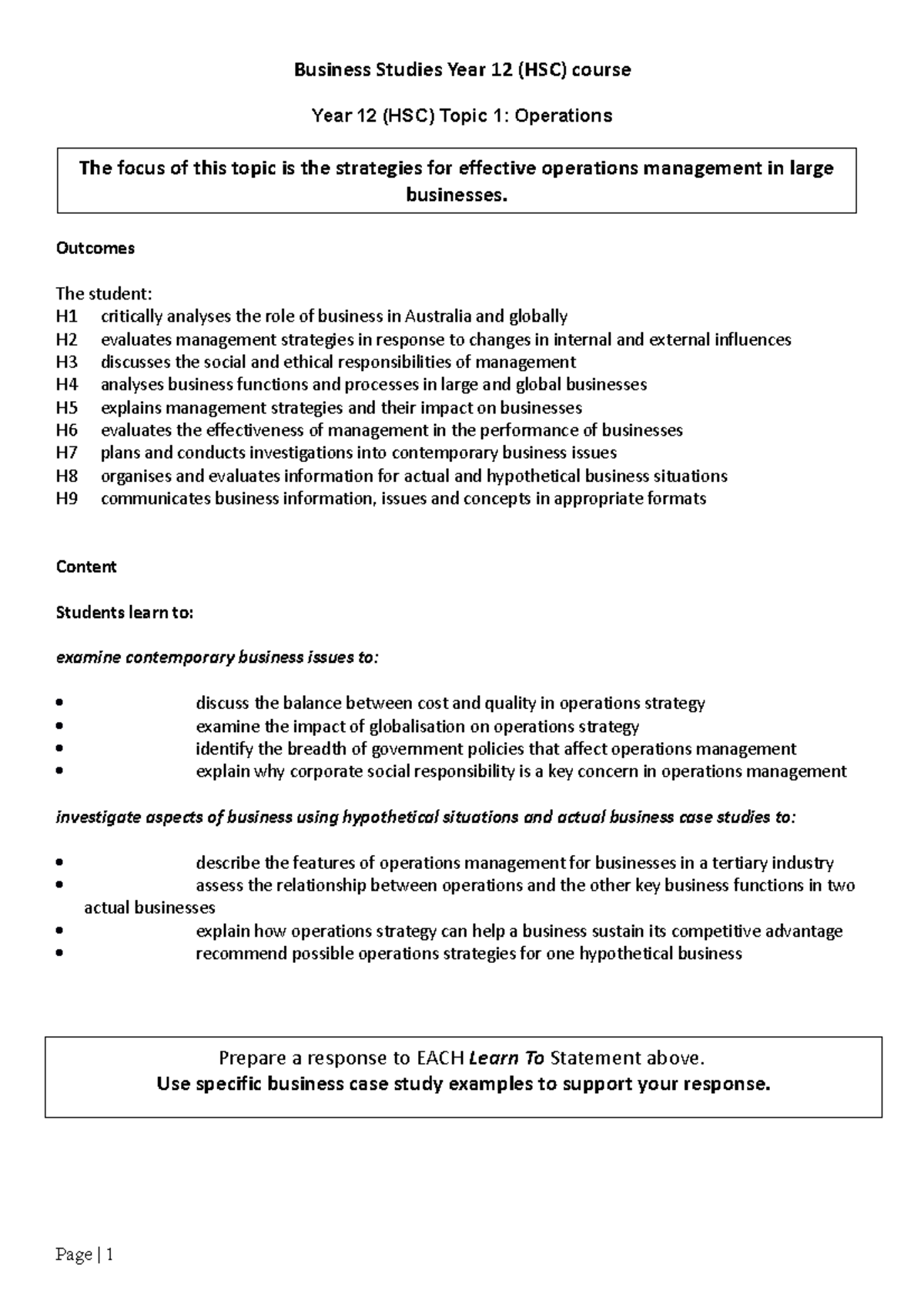 Operations - Summary template - Business Studies Year 12 (HSC) course ...