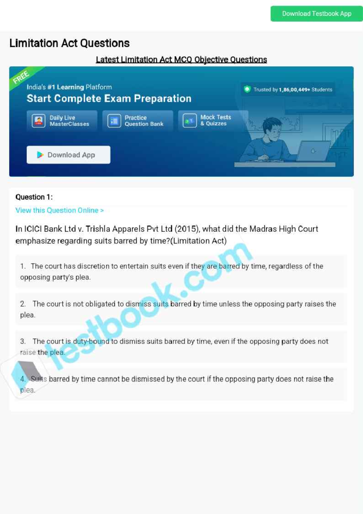 Mcq on limitation act 657c08e8ba467e1674867 bfc - Download Testbook App ...