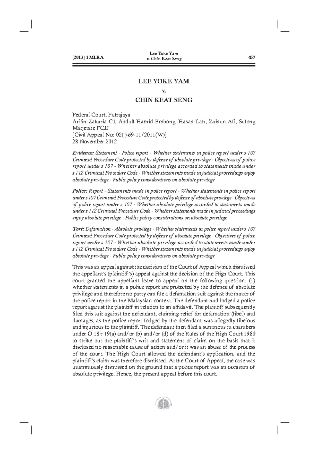 Lee Yoke Yam - can you be charged for defamation on police report made ...